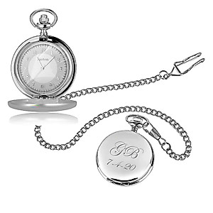 Personalized Stainless Steel Silver Pocket with Glass Cover Watch Custom Engraved Free with Gift Box - Ships from USA