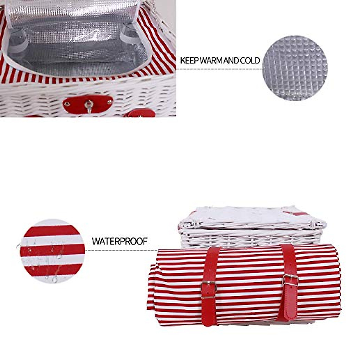 Picnic Basket for 4 Person Wicker Picnic Hamper with Waterproof Blanket, Insulated Cooler Compartment & Tableware Set (White/Red)