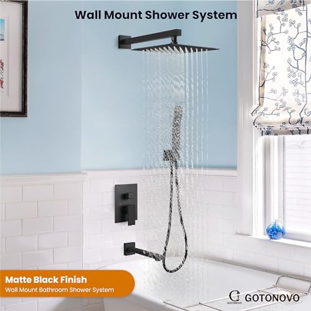 gotonovo Matte Black Shower System with Tub Spout 3 Function Mixer Shower Tub Combo Set 10 Inch Wall Mounted Rainfall Shower Head with Handheld Shower Bathroom Luxury Rain Rough-in Valve and Trim Kit