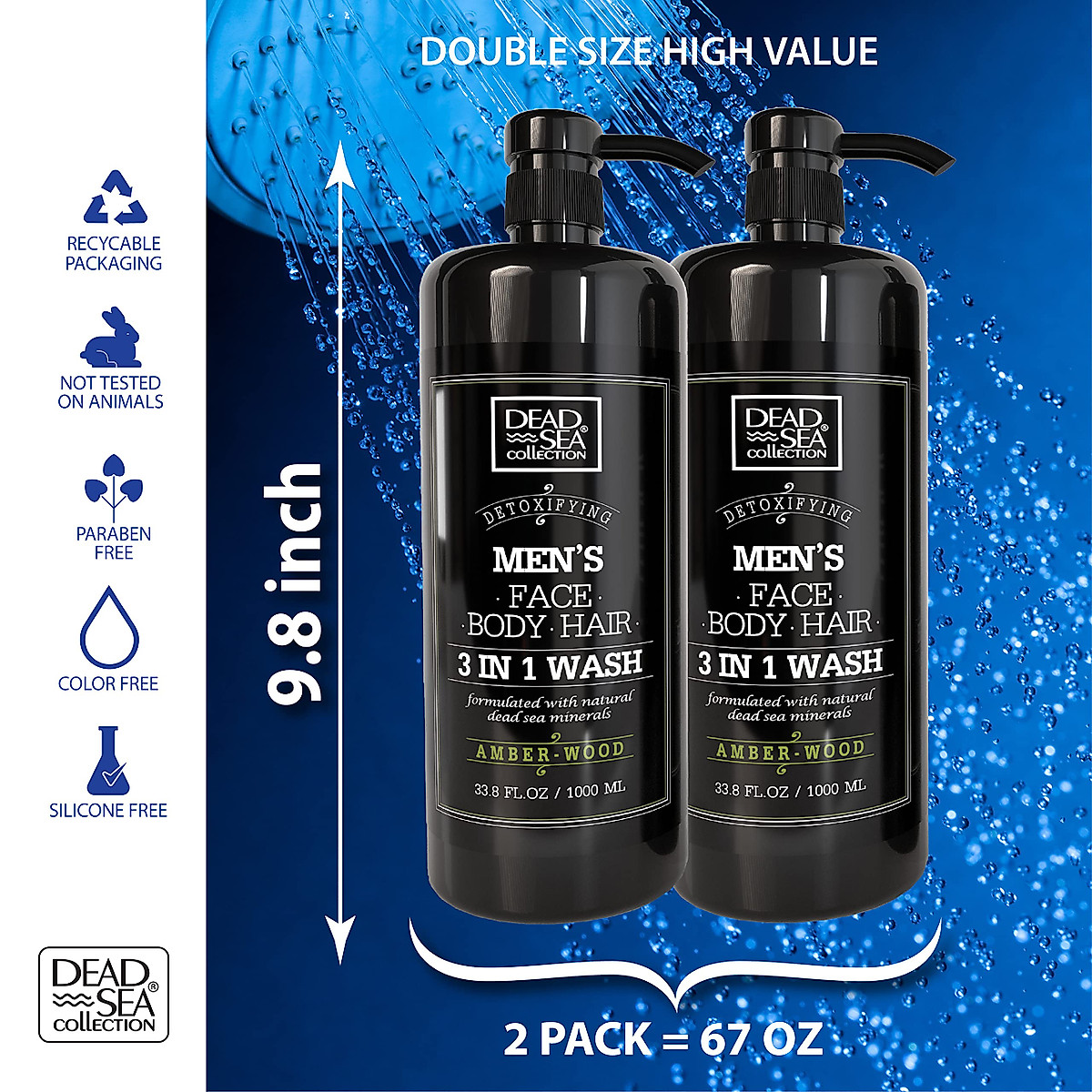 Dead Sea Collection Mens Body Wash 3 in 1 – Amber Wood Body Wash for Men – Shower Gel – Shampoo – Shower Soap for Face and Hair – Pack of 2 Bottles (33.8 Fl. Oz. Each)