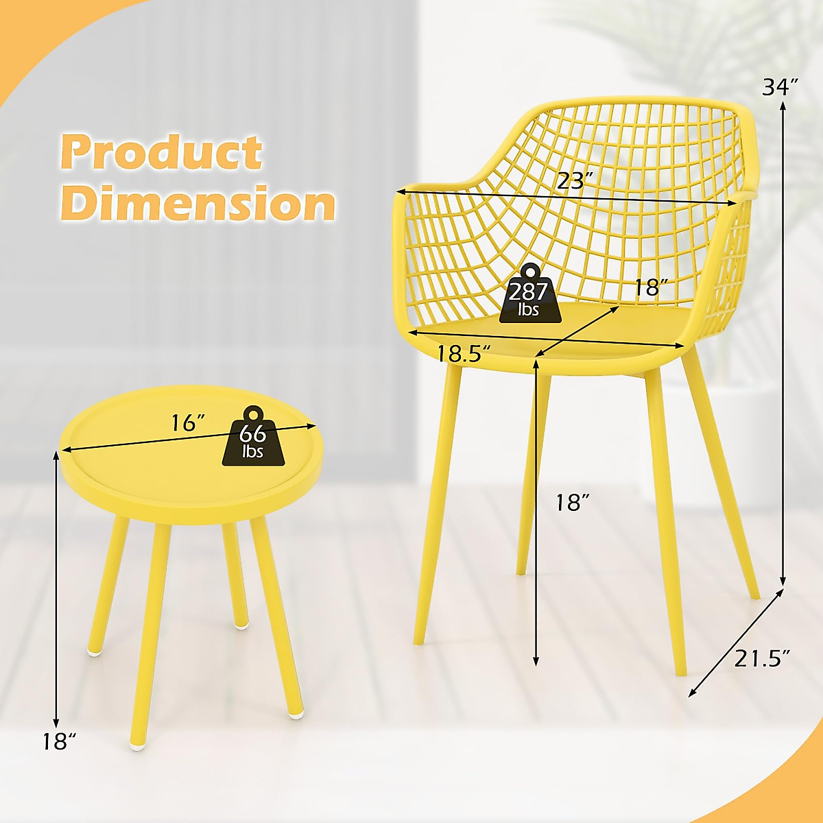 Tangkula 3 Piece Patio Bistro Set, All Weather Heavy Duty Table and Chairs Set of 2 with Widen Seats, Outdoor Furniture Set for Porch, Balcony, Backyard (Yellow)