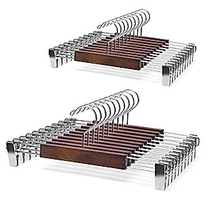 Nature Smile Solid Wooden Skirt Pants Hangers 20 Pack,Premium Wood Bottom Shorts Hangers for Slacks Trousers with Larger Adjustable Anti-Rust Clips (Retro)