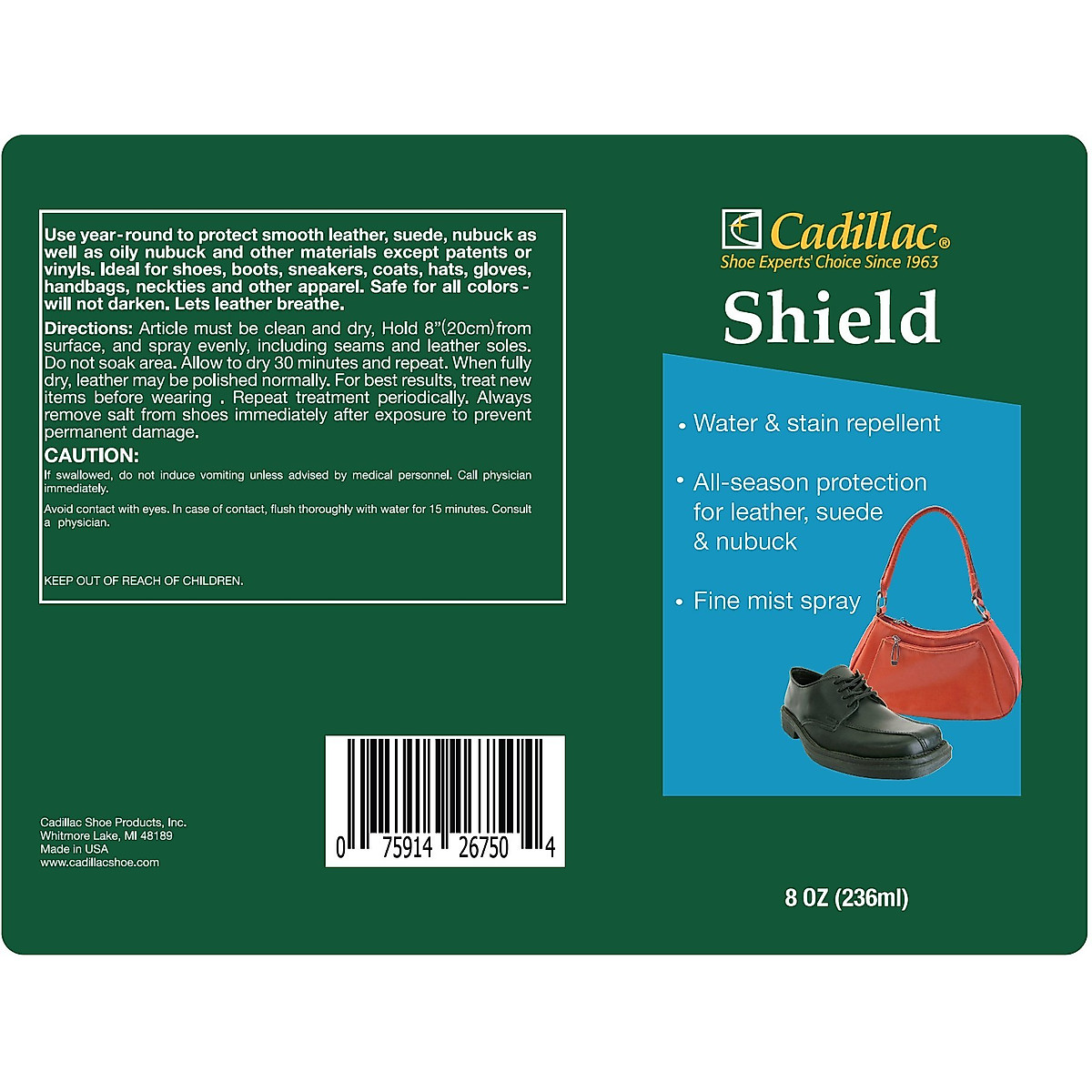 Cadillac Shield Water and Stain - Leather and Fabric Protector Spray - Great for Shoes - 8 oz - Non Aerosol - Waterproof and Protect Suede, Leather, Nubuck, Fabric, Nylon, Polyester & More