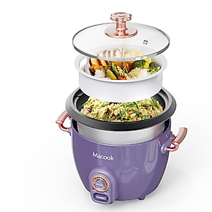 Macook Rice Cooker Small with Food Steamer, Rice Cooker 4 Cups Uncooked (8 Cups Cooked), 2.0L Portable Non-Stick Small Travel Rice Cooker, Two Cooking Mode Setting, Slow Cook Mode