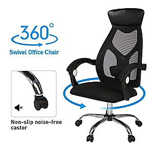 Ergonomic Office Desk Chair, Recliner with Mesh High Back Leather Headrest, Adjustable Lumbar Support Reclining Office Chair, Padded Armrest for Swivel Office Task Computer Chair, Modern Black