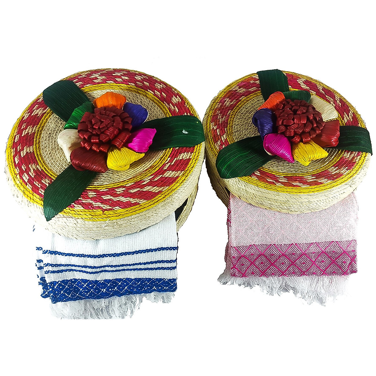 Handwoven Basket & Tortilla Cloths by Jacq & Jürgen - 2 Pack Natural Medium and Large Floral Bundle – 100% Palm Mexican Art