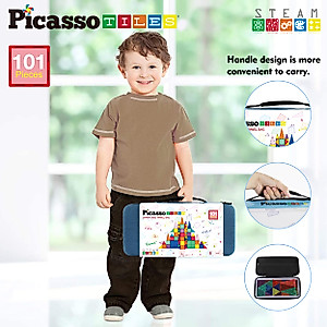 PicassoTiles 101pcs Magnetic Building Block Toy + Case Set Magnet Tile Construction Blocks for Ages 3 and Up Educational Kit Child Brain Development Learning Playset in Portable Travel Carry Bin