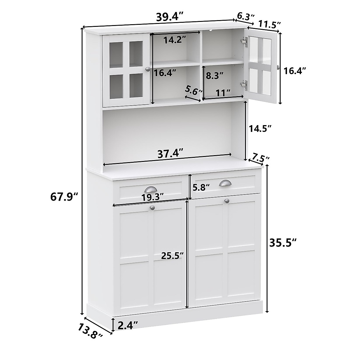 Kitchen Pantry Cabinet with Double Tilt Out Trash Cabinet, 68" Tall Kitchen Storage Cabinet with 2 Drawers & Hutch, 20 Gallon Hidden Trash Can Cabinet, Kitchen Cupboard with Microwave Coffee Stand
