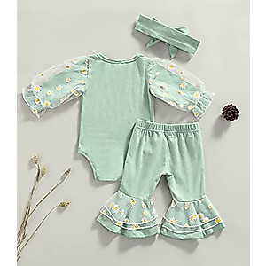 Baby Girls Bell Bottoms 3Pcs Daisy Outfits Mesh Patchwork Playsuit Flared Pants Headband (Green, 6-12 Months)