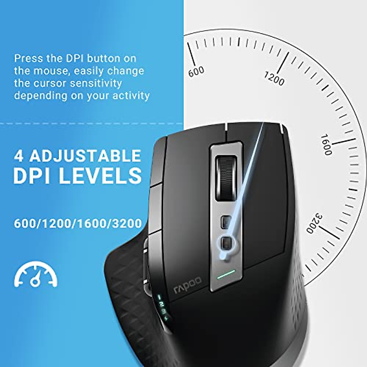 Rapoo Bluetooth Wireless Mouse, 4 Adjustable DPI Rechargeable Bluetooth Mouse, Multi-Device (3 Bluetooth+USB) Programmable Ergonomic Mouse with Side Roller, Laser Mouse for Laptop Desktop PC