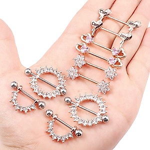 Ocptiy Nipple Rings Piercing Jewelry 14G Stainless Surgical Steel Cubic Zirconia Diamond Heart Hypoallergenic Nipple Tongue Nipplering Rings Hoops Barbell Bar Piercing Jewelry Retaine Women Rose Gold