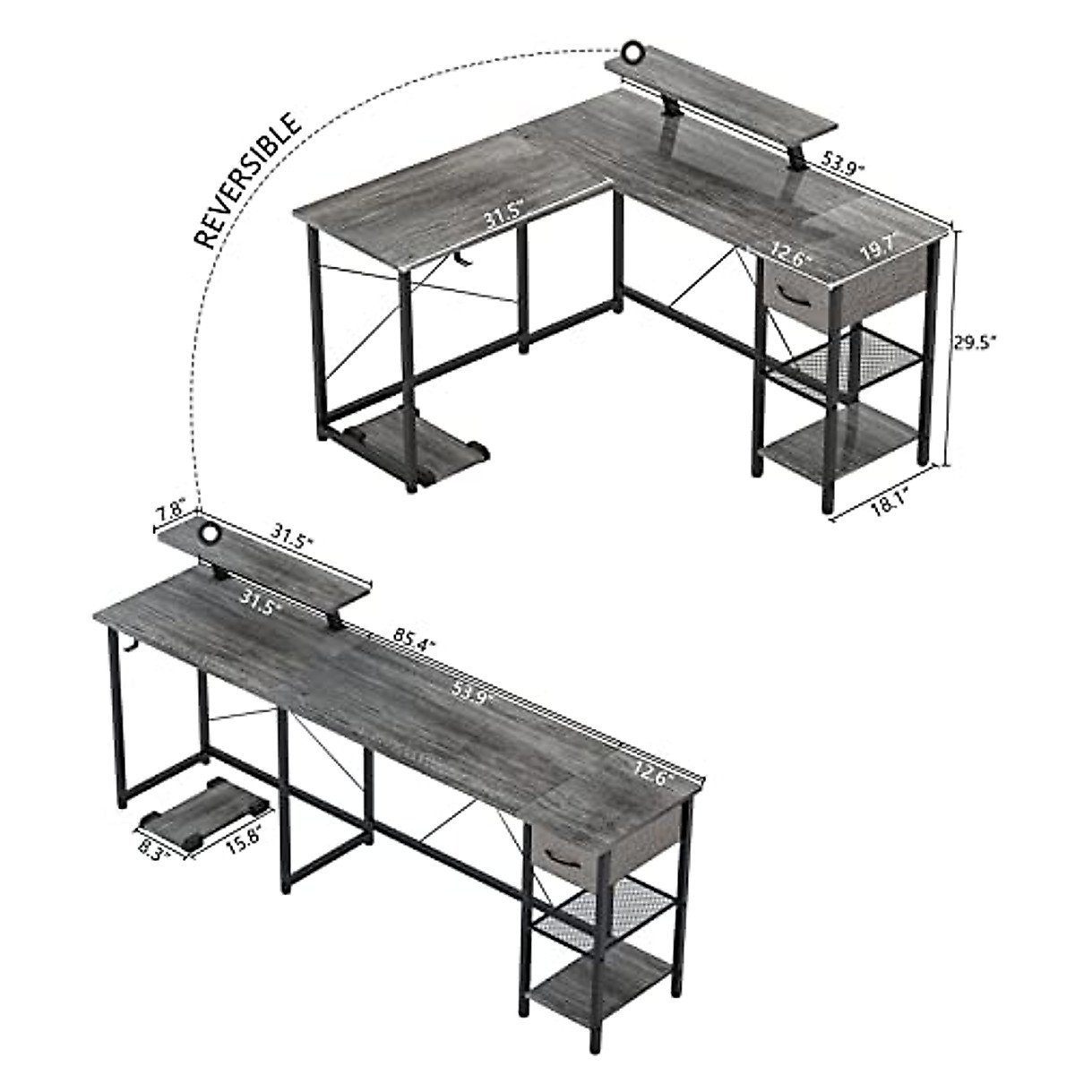 PONROL L Shaped Computer Desk with Storage Drawer Shelves and Monitor Stand, Modern Reversible Corner Gaming Table Sturdy Writing Workstation for Home Office