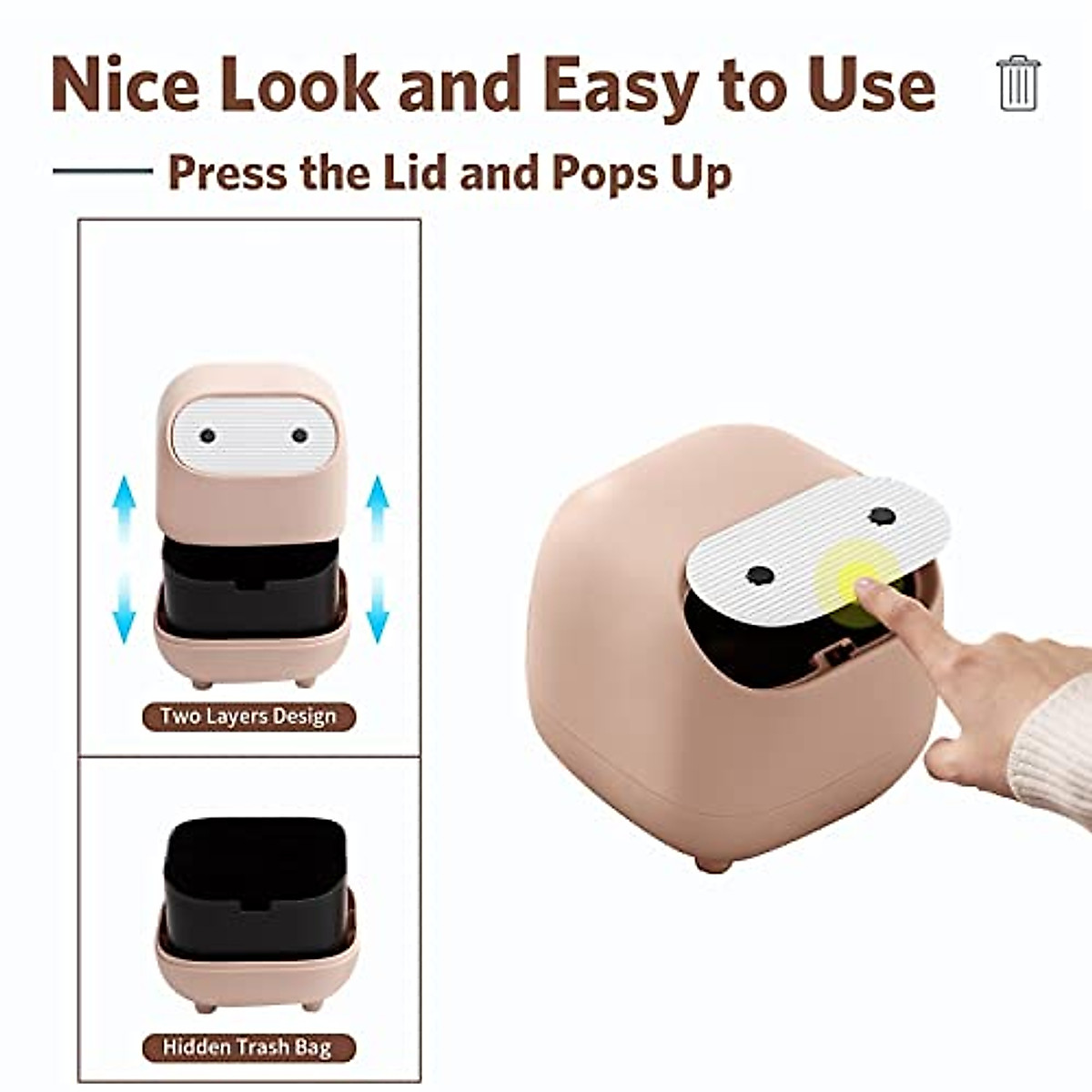 LtyTz Mini Trash Can with Lid, Cute Ninja Desktop Trash Cans, Small Trash Can Office Plastic Garbage Can for Bathroom Vanity, Desktop, Office or Coffee Table (Pink)