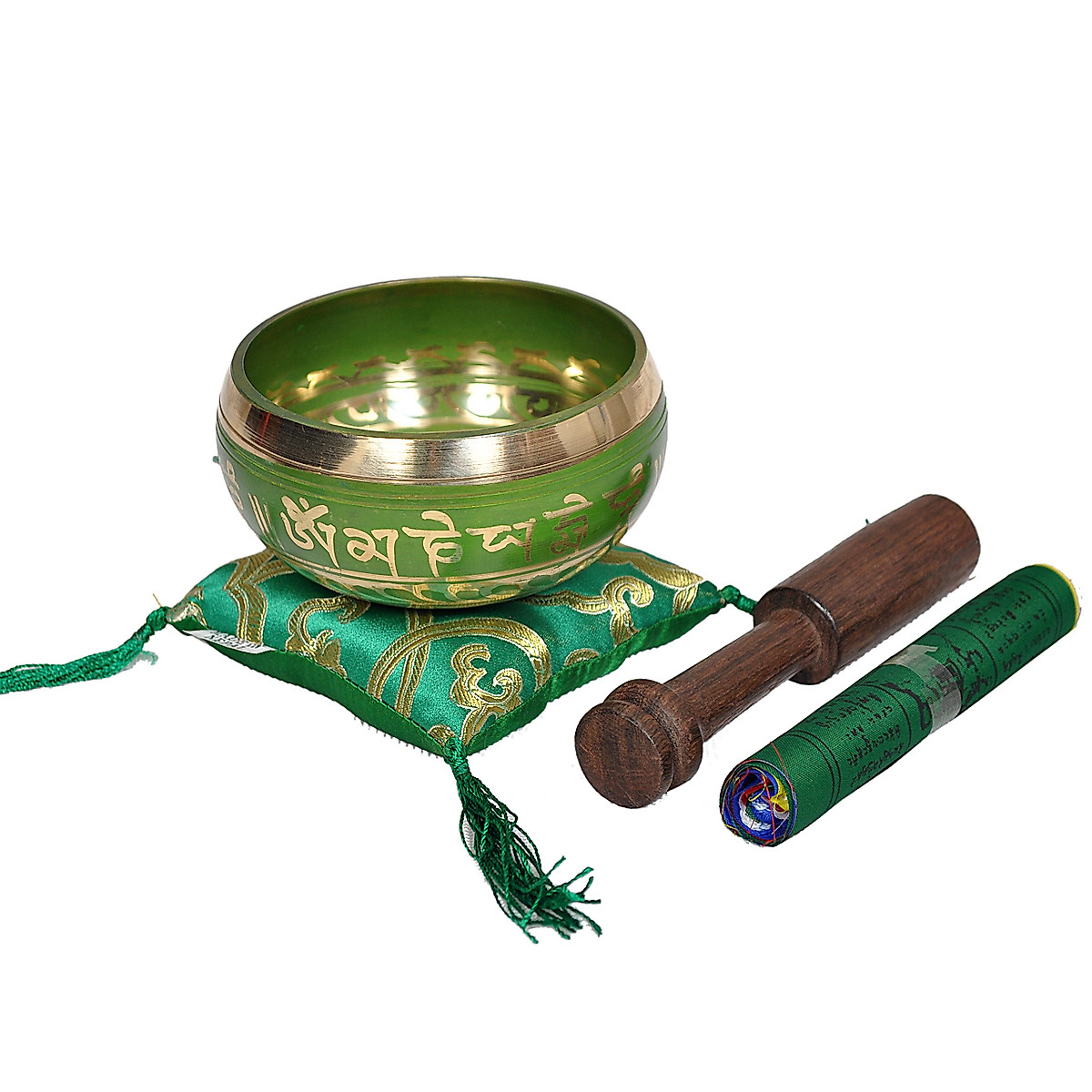 Tibetan Singing Bowl Set By Dharma Store - With Traditional Design Tibetan Buddhist Prayer Flag - Handmade in Nepal (Green)