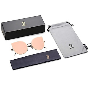 SOJOS Cat Eye Mirrored Flat Lenses Ultra Thin Light Metal Frame Women Sunglasses SJ1022 with Gold Frame/Pink Mirrored Lens