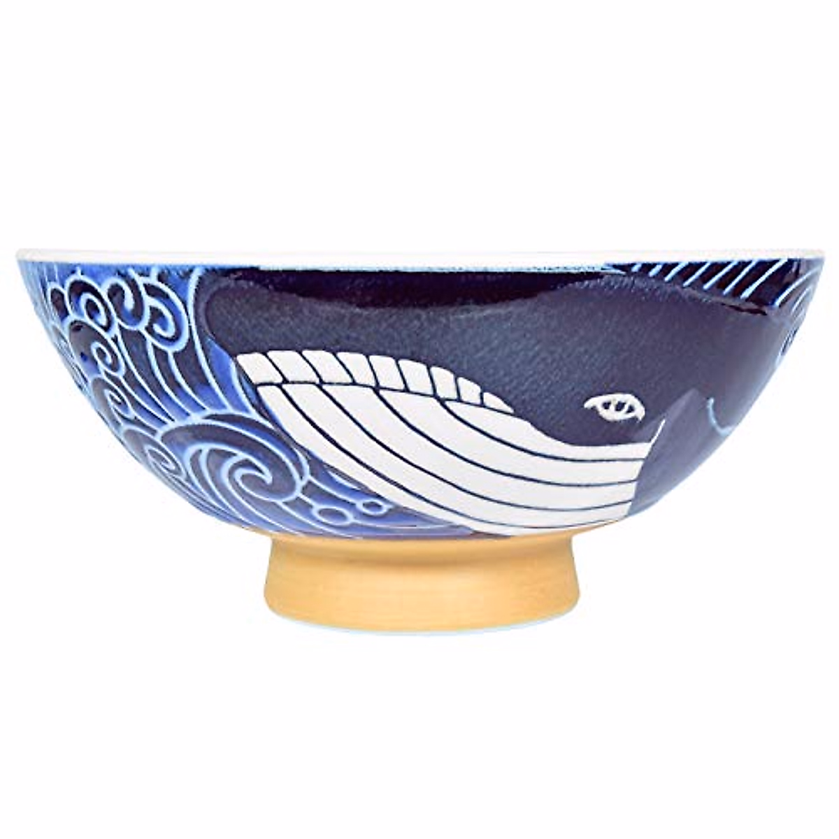 Mino Ware Japanese Rice Bowl, Rice Ramen Noodle Soup Sarada Pasta, Wave Whale Chawn, 5.7 inch 17.5oz Set of 2