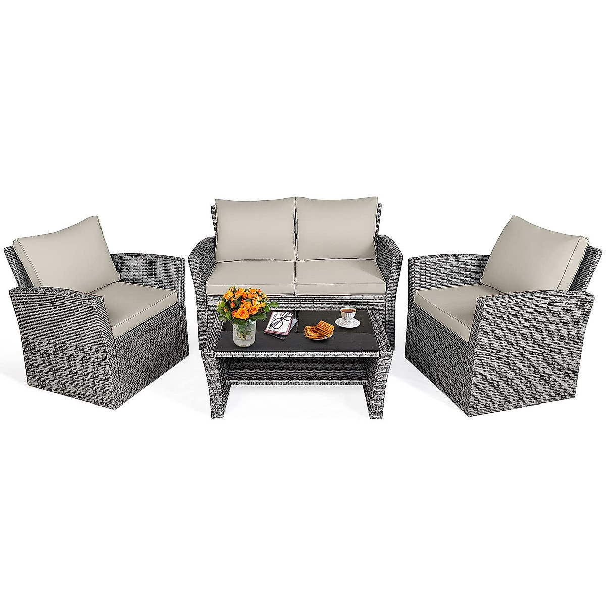 Tangkula 4 Pieces Patio Furniture Set, All Weather Outdoor Sectional Rattan Sofa Set with Cushions & Tempered Glass Table, Wicker Conversation Couch Set for Backyard Garden Poolside