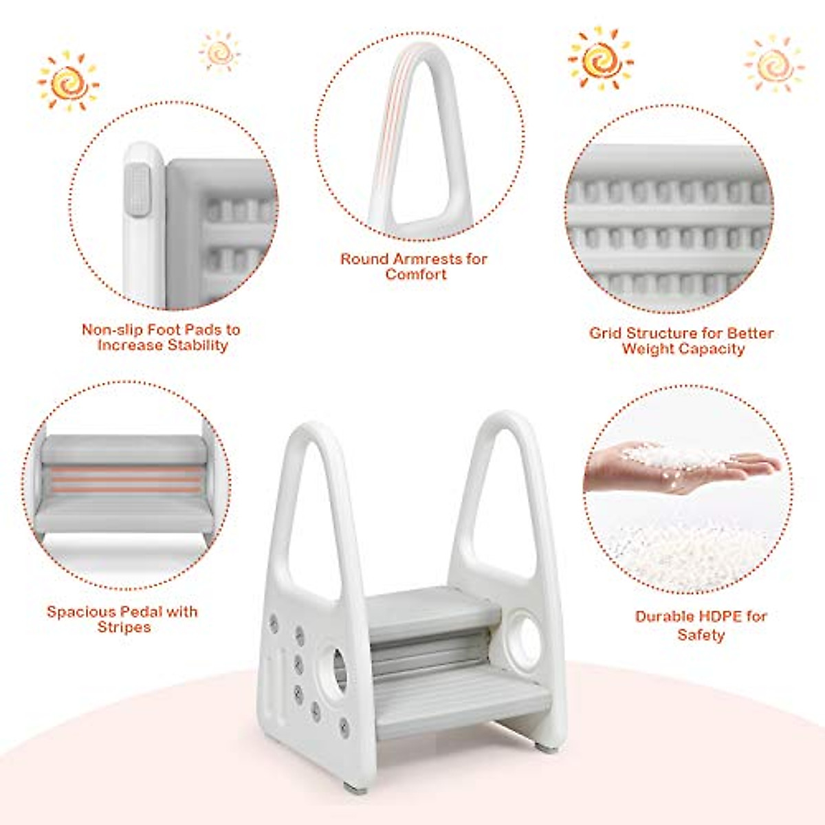 Costzon Kids Step Stool, Toddler Step Ladder for Toilet Potty Training, Kitchen Counter, Bathroom, Two Step Learning Tower w/Non-Slip Design, Safety Handles, 200 Lbs Weight Capacity (Grey)