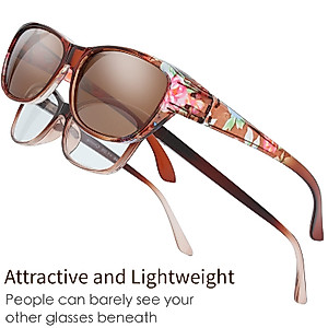 The Fresh High Definition Polarized Wrap Around Shield Sunglasses for Glasses - Leather Eyeglasses Case (F3 Brown/Floral Flower Print, Brown)