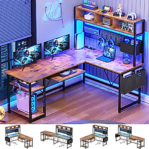 SEDETA L Shaped Gaming Desk with Hutch, 57.5” Reversible Corner Computer Desk with Storage Shelves, Gaming Desk with Pegboard, LED Lights, Power Outlet, Keyboard Tray (Rustic Brown)