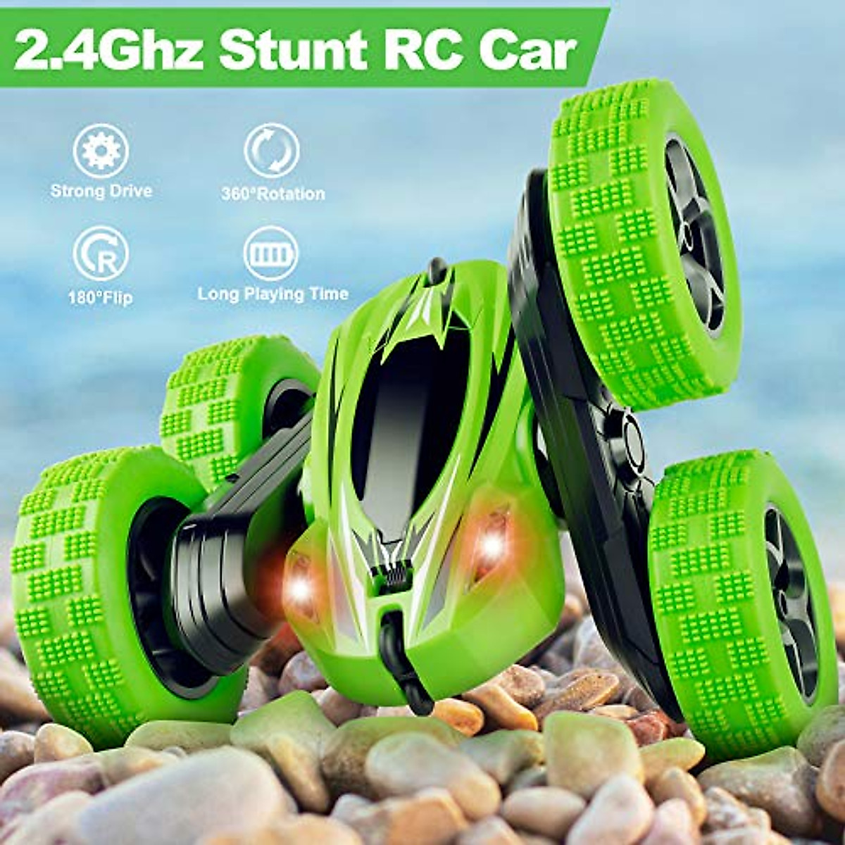 ORRENTE Remote Control Car, RC Cars Stunt Car Toy, 4WD 2.4Ghz Double Sided 360° Rotating RC Car with Headlights, Kids Xmas Toy Cars for Boys/Girls (Green)