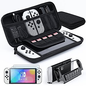 amFilm Switch OLED Accessories Bundle TechMatte 3-in-1 Essential Kit with Carrying Case, 2 Glass Screen Protectors, Designed for Nintendo Switch OLED Model 2021, Classic Black