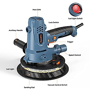 Drywall Sander Handife 7A 800W Electric Foldable Wall Sander, Double-Deck LED Lights Sander, 800-1800RPM Electric Drywall Sander w/Dust-Free Automatic Vacuum System and 12 pcs Sanding Discs (Handheld)