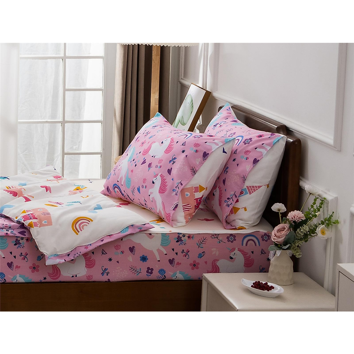 Meeting Story 3pcs Kids Comforter Sets Zipper Bedding Set for Girls,Twin Kid Bedding Set Rainbow Comforter Unicorn Bedding Set for Kid,All in one Zipper Bedding(Pink，Twin