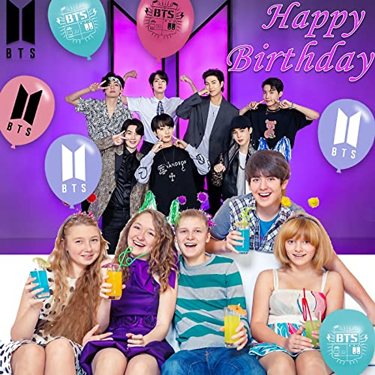 BTS Birthday Party Decoration, BTS Bangtan Boys Party Photo Backdrop 5 x 3 FT and 24 Pcs BTS Balloon, BTS Merch Background Supplies for Army, Fans