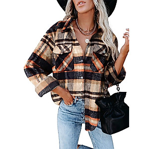 Dokotoo Classic Plaid Button Up Shirts for Women Roll Up Long Sleeve Flannel Tops Turn Down Collar Soft Checked Loose Boyfriends Baggy T-Shirt Outerwear for Ladies Office Jacket Orange M