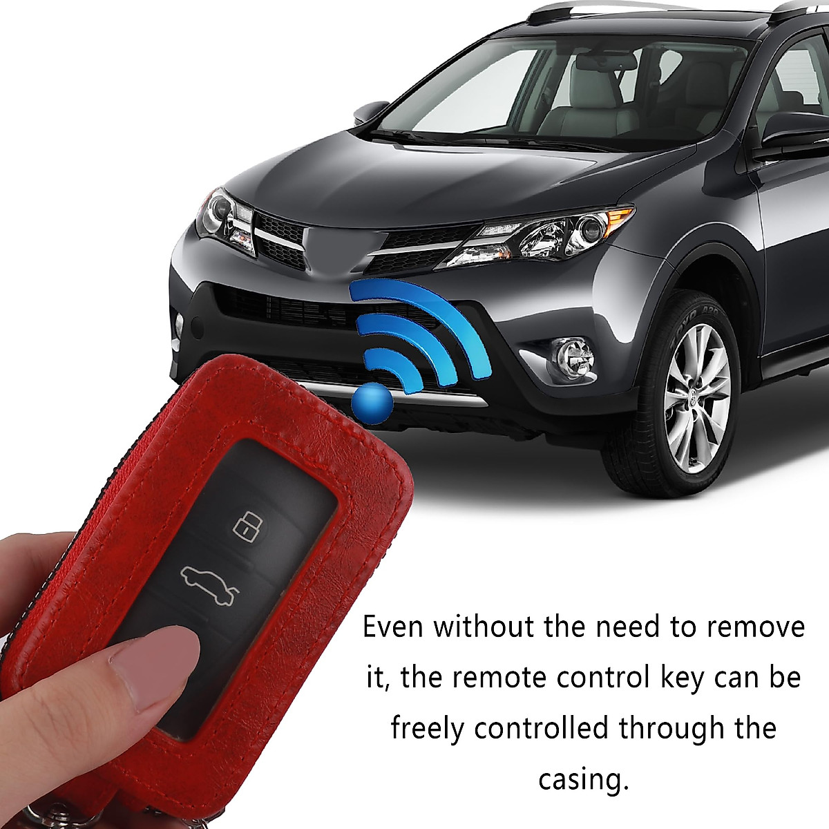 Turcee Car Key Cover,Leather Key Fob Case with Keychain & Carabiner,Universal Smart Key Fob Holder Fits Most Cars (Red)