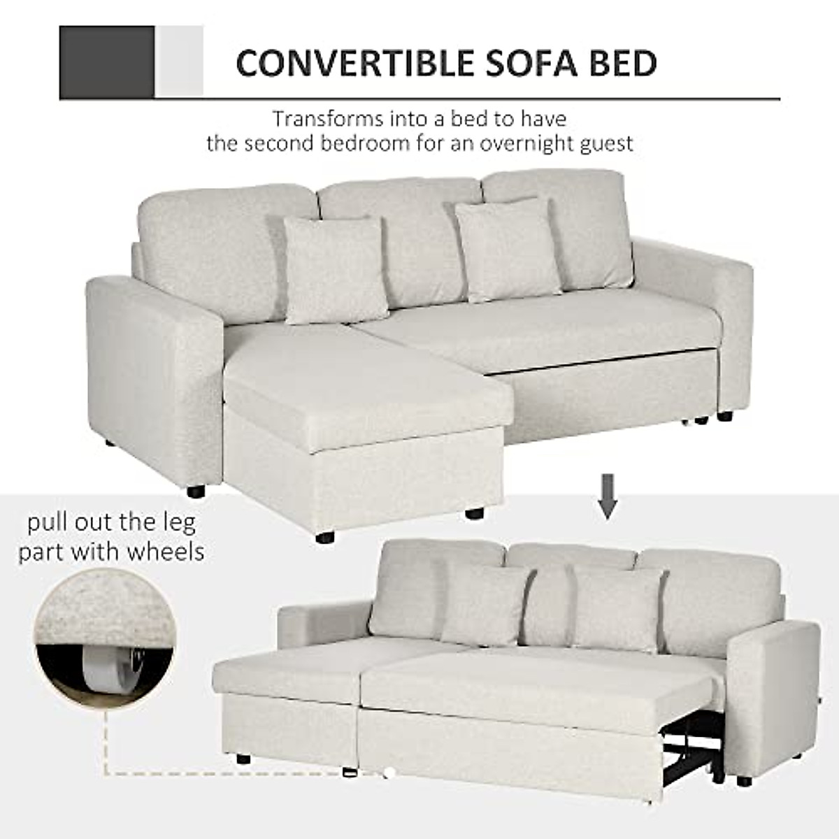 HOMCOM Sectional Sleeper Sofa, Linen Fabric L Shaped Couch with Pull Out Bed, Reversible Storage Chaise for Living Room, Apartment, 3-seat, Cream White