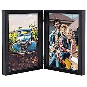 AEVETE 5x7 Picture Frames Double Hinged Wood Folding Photo Frames Vertical with Real Glass Front, Black