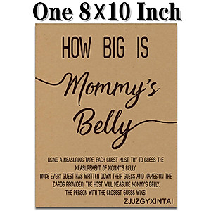 ZJJZGYXINTAI How Big is Mommy's Belly? Rustic Baby Shower Gender Neutral Game Includes 8x10 Inch Kraft Standing Sign and 50 Guessing Cards, 3 Rolls 120 Feet Measuring Tape