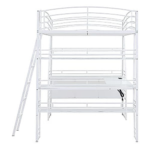 Merax Full Size Loft Bed with 4 Layers of Shelves and L-Shaped Desk, Stylish Metal Frame Bed with a Set of Sockets, USB Ports and Wireless Charging, White