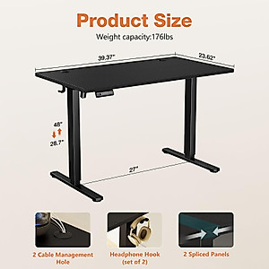 Sweetcrispy Electric Adjustable Height Standing Desk - 40 x 24 inch Sit to Stand Up Desk with Splice Board, Rising Home Office Computer Table with 2 Hook and Wire Hole for Work