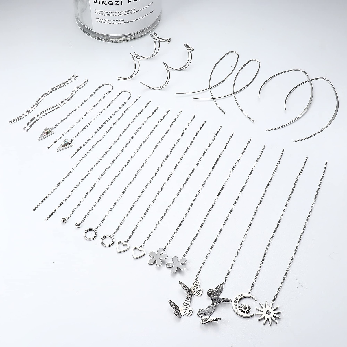 Sanfenly Threader Earrings for Women Stainless Steel Bar Dagger Heart Flower Moon Star Sun Butterfly Threader Drop Dangle Earrings Curved Spiral Wire Lightweight Long Tassel Chain Threader Earrings