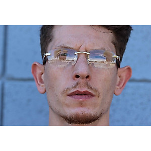 Elite Slim Rimless Rectangular Metal & Wood Art Aviator Sunglasses (Cherry Gold Clear)