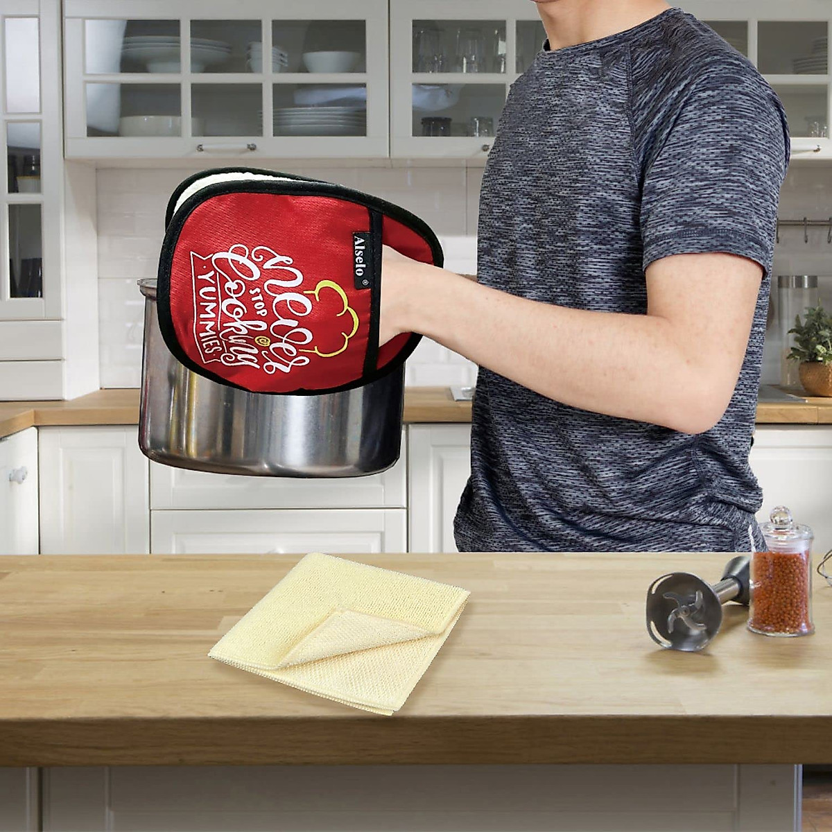 Alselo Pot Holders and Kitchen Towel, Heat Resistant Potholder 4 Piece with Microfiber Towel 1 Piece, Funny Baking Theme Hot Pats Festive Gift Oven Mitts for Cooking Baking BBQ (Dull-red, 5)