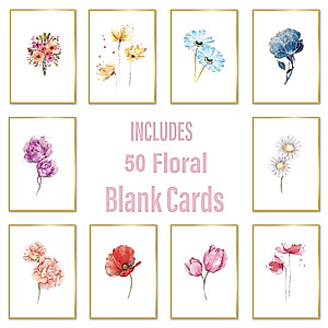 Racrico 50 Blank Note Cards and Envelopes,10 Gold Foil Designs Floral Blank Cards With Color Envelopes And Stickers, 4x6 Blank Note Greeting Cards Sets In Sturdy Bulk Box.