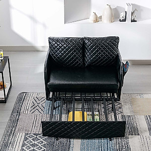 Lin-Utrend 46" Convertible Sleeper Sofa Bed, Modern Loveseat Couch with Pull Out Bed, Small Love Seat Futon Sofa Bed with Headboard, 2 Pillows Side Pockets for Living Room Apartment (Black)