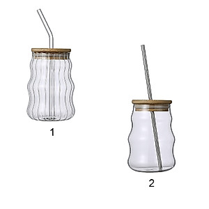 MISNODE 4 PCS Drinking Glasses with Wood Lids and Glass Straw, 16.9 oz Glass Cups Beer Can Glass Ice Coffee Cup Creative Tumbler with Lid and Straw for Home Office Bar Restaurant