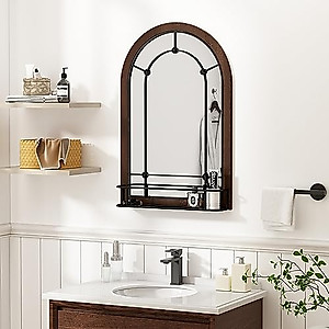 AZODY Arched Window Wall Mirror with Shelf, 36''x24'' Brown Hanging Entryway Mirror, Decorative Mirrors for Wall Decor, Living Room, Bathroom Vanity