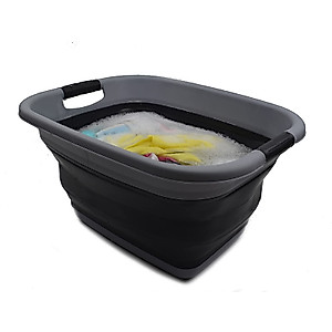 SAMMART 2 pcs Set : 25L (6.6 Gallon) Collapsible Plasic Laundry Basket & 5L (1.32 Gallon) Collapsible Bucket (Laundry Basket+Bucket, Black+Black)