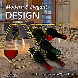 Golden Wine and Glass Rack, Tabletop Wine Rack, Countertop Wine Rack, Wine Bottle Holder, Holds Bottles & Glasses, Freestanding Wine Storage, Perfect for Kitchen Home Bar Storage