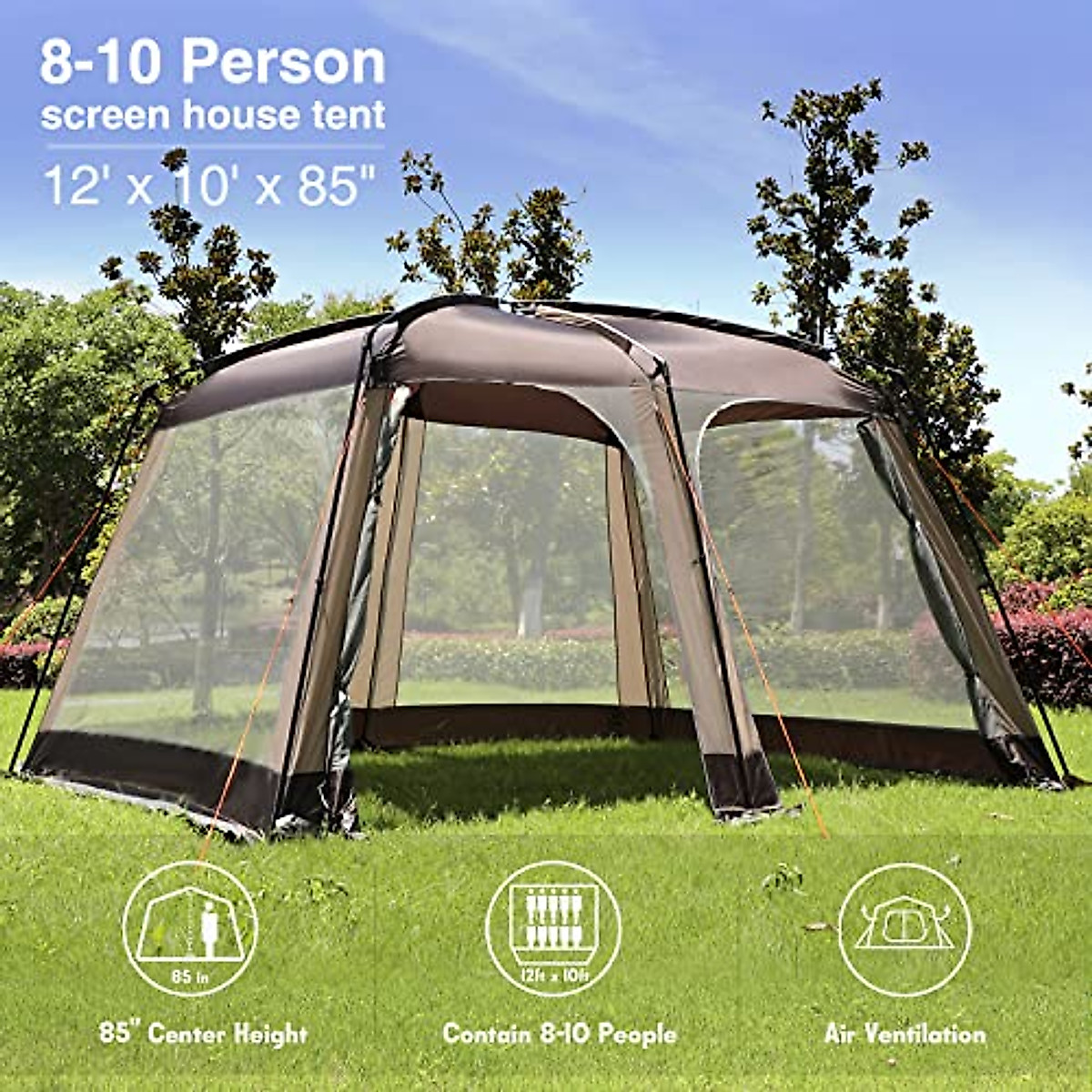EVER ADVANCED Screen House Room Outdoor Screened Canopy Tent Zippered Gazebos 8-10 Person for Patios Shelter, 12' x10', Brown