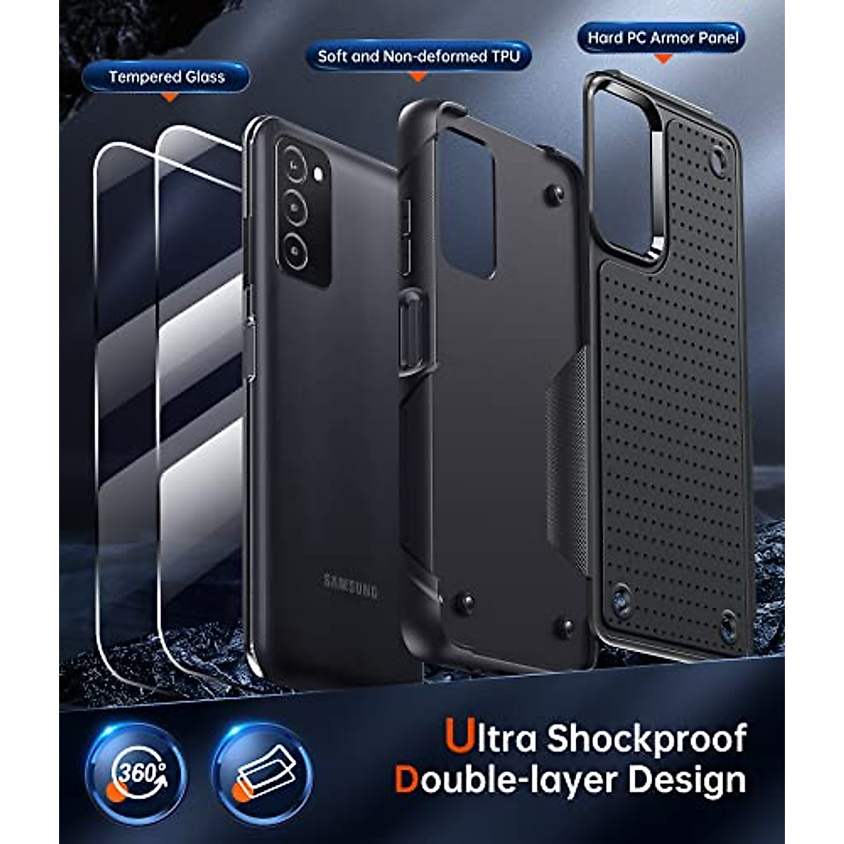 LeYi for Samsung Galaxy-A03S Phone Case: Samsung AO3S Phone Case with [2 Pack] Tempered Glass Screen Protectors, Dual Layer Hard PC Textured Back Soft Bumper Case for Samsung A03S (Not Fit A03), Black