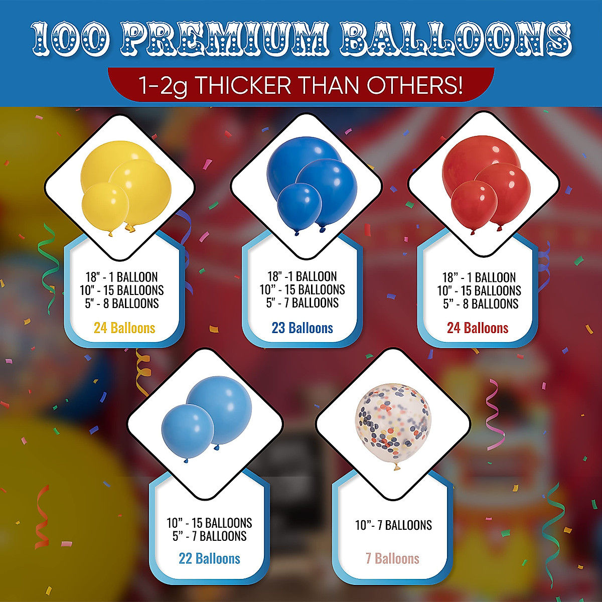 ALL-IN-1 Circus Balloons Arch Kit & Garland for Carnival Party Decorations Theme – Primary Color Balloons in Red Blue Yellow & Rainbow Confetti – Baby Shower Circus Birthday Party Supplies