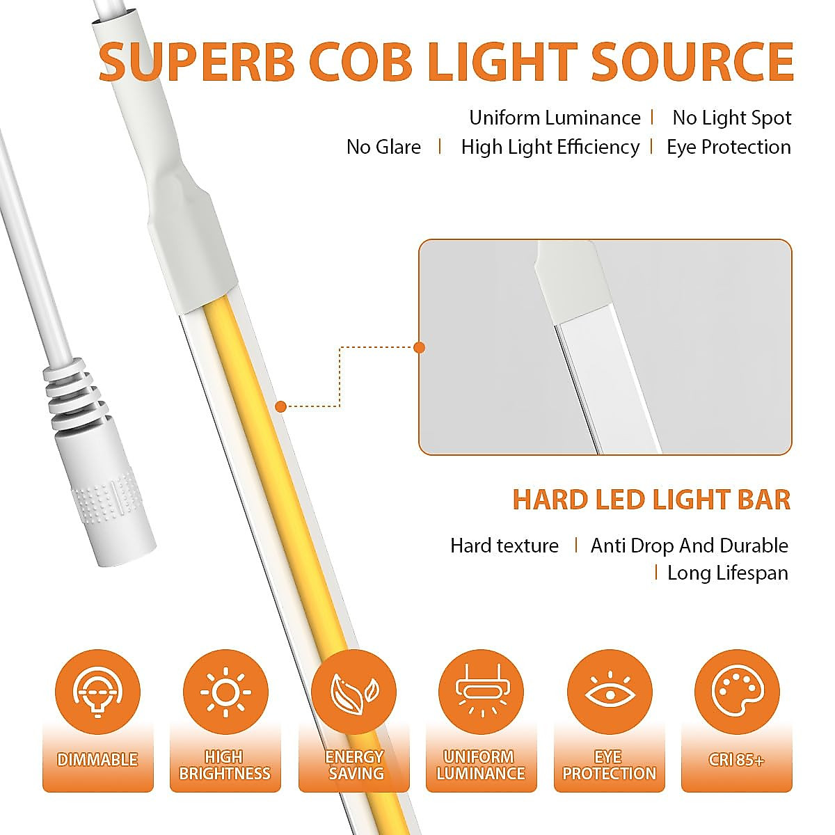 CNSUNWAY Under Cabinet Lighting, 6 PCS Rigid COB LED Strip Lights, 3000K Warm White, 3600LM, 85+ High CRI, No Glare, Eye Protection, Dimmable Cabinet Lights for Counter, Shelf, Bookcase