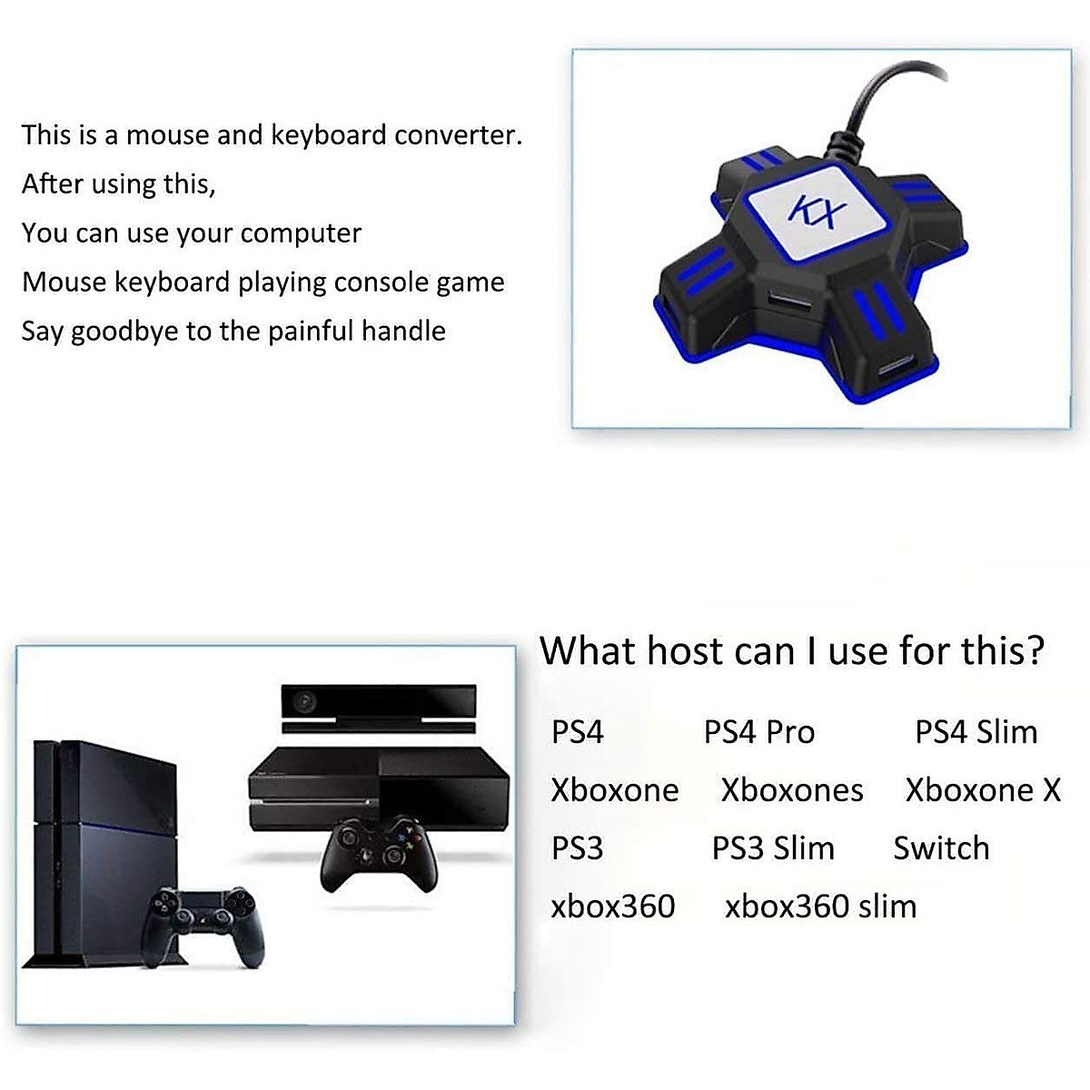 Sehawei Mouse Keyboard Converter, Game Controller Adapter for USB 2.0 Mouse Portable Keyboard Adapter Compatible with PS4/Xbox One/N-Switch/PS3